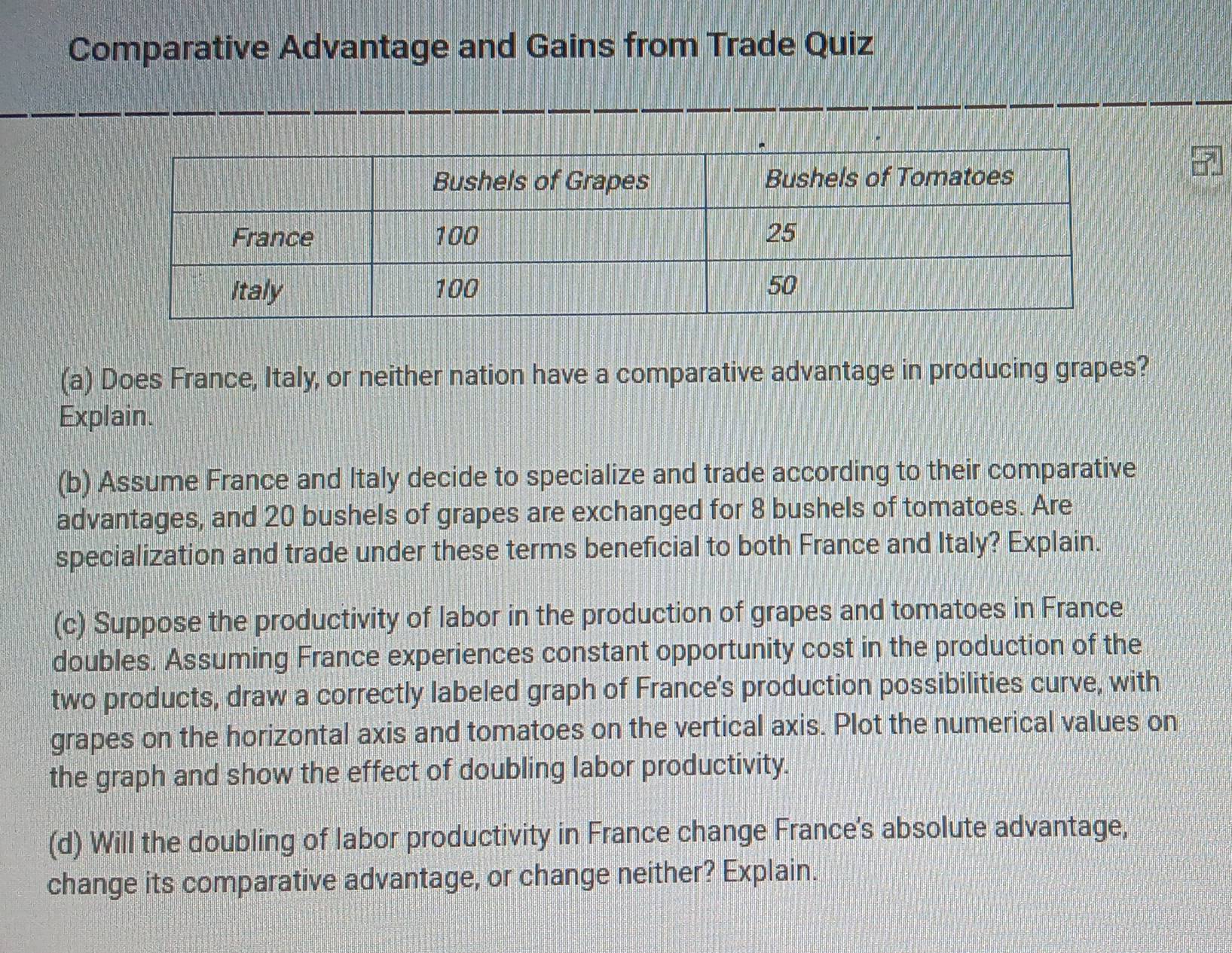 Solved: Comparative Advantage and Gains from Trade Quiz (a) Does France ...