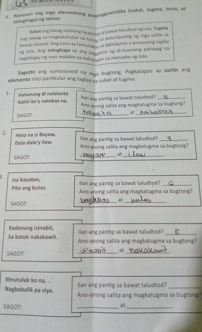 Solved: Nasusuri ang mga elementong pan|ingguwistika (sukat, tugma ...