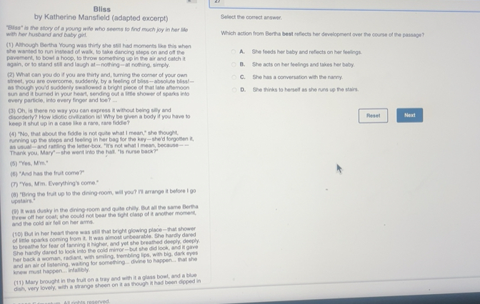 Solved: Bliss by Katherine Mansfield (adapted excerpt) Sellect the ...