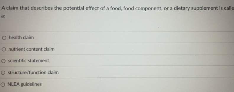 Solved: A claim that describes the potential effect of a food, food ...