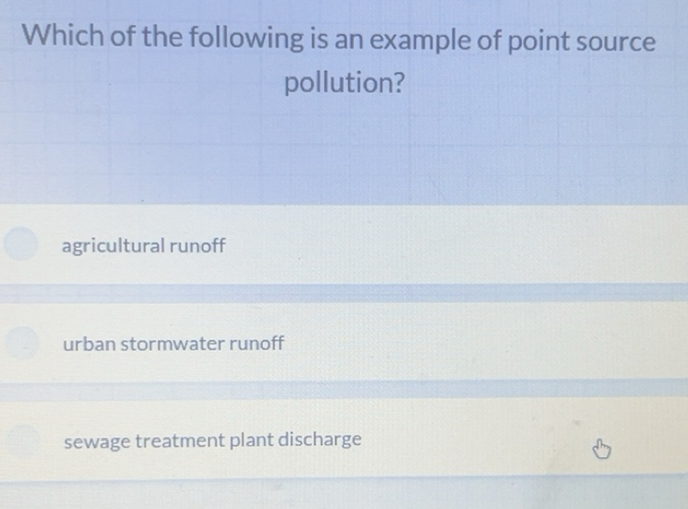 Solved: Which of the following is an example of point source pollution ...