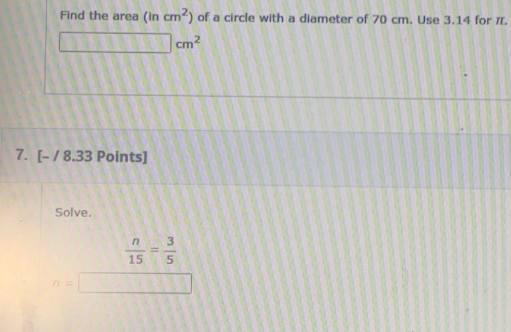 Solved: Find the area (in cm^2) of a circle with a diameter of 70 cm ...