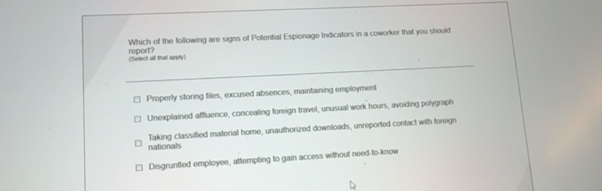 Solved: Which of the following are signs of Potential Espionage ...