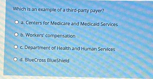Solved: Which is an example of a third-party payer? a. Centers for ...