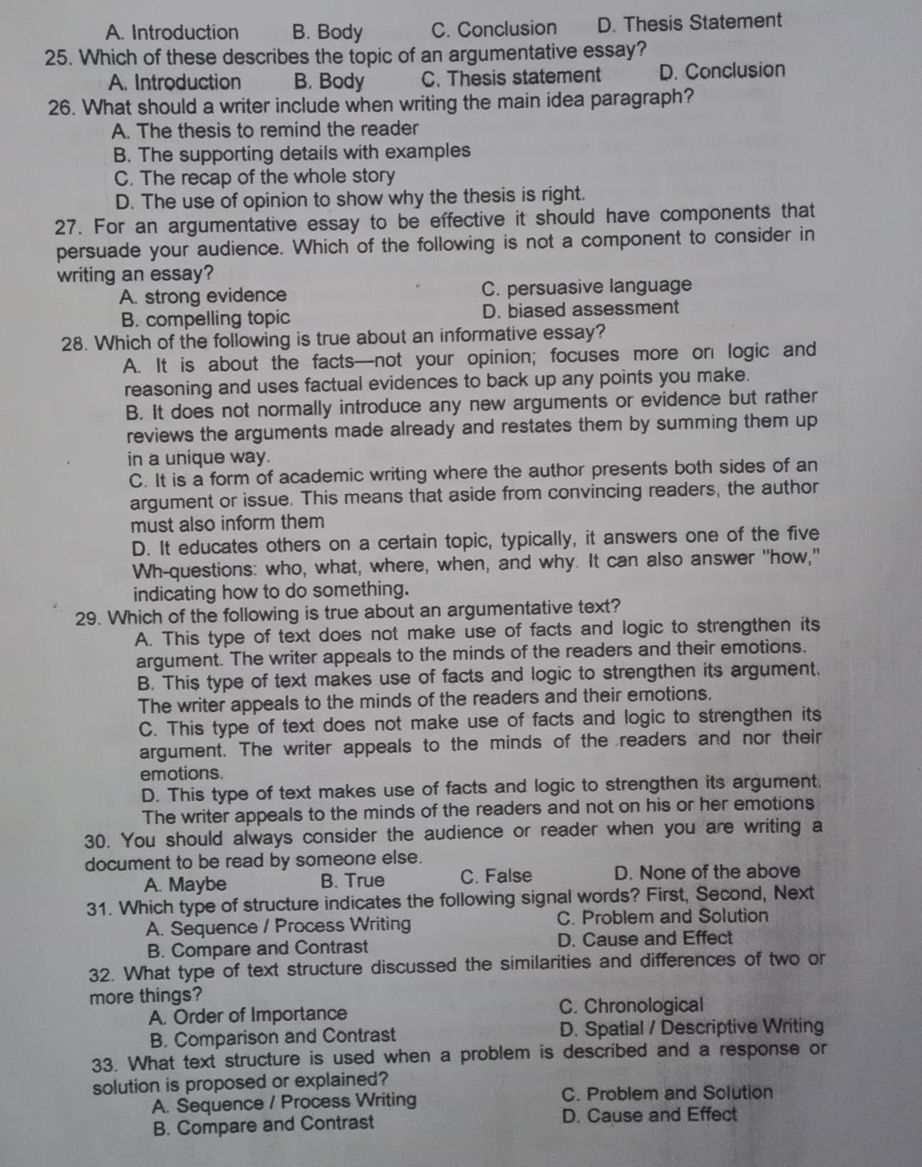 Solved: A. Introduction B. Body C. Conclusion D. Thesis Statement 25 ...