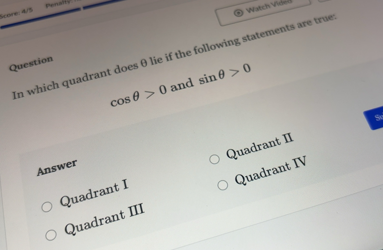 Solved: Penalty: ! Score: 4/5 Watch Video In which quadrant does θ lie ...