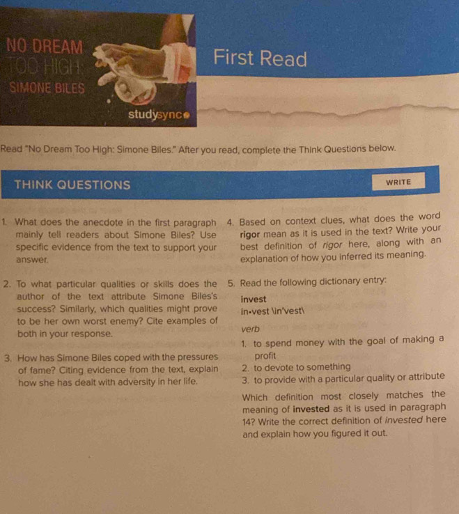 Solved: NO DREAM OOHIGH First Read SIMONE BILES studysynco Read "No ...