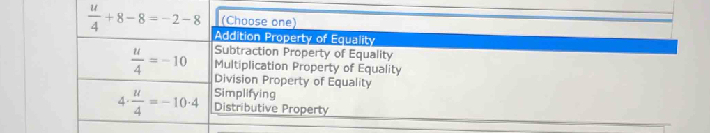 Solved: (Choose one) u/4 +8-8=-2-8 Addition Property of Equality ...