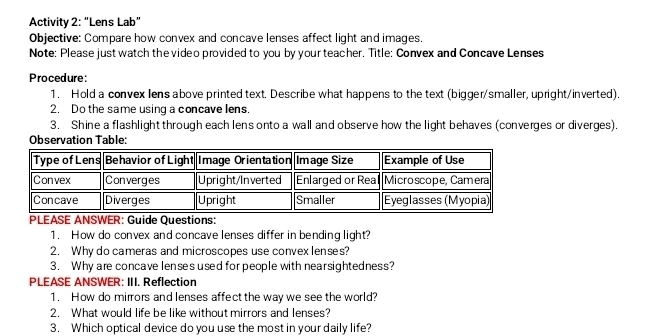 Solved: Activity 2: “Lens Lab” Objective: Compare how convex and ...