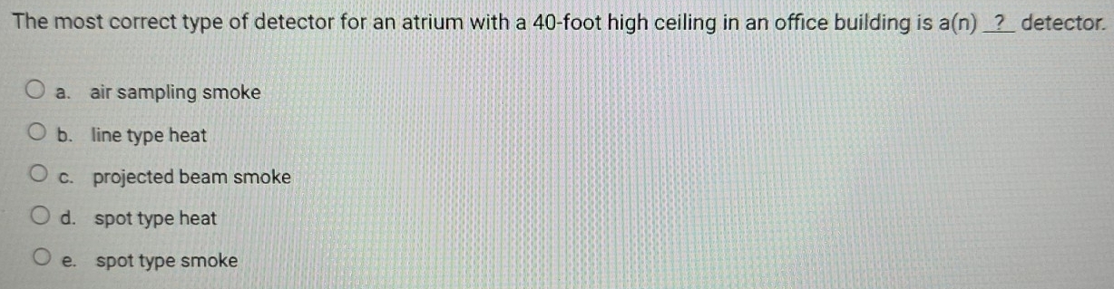Solved: The most correct type of detector for an atrium with a 40-foot ...