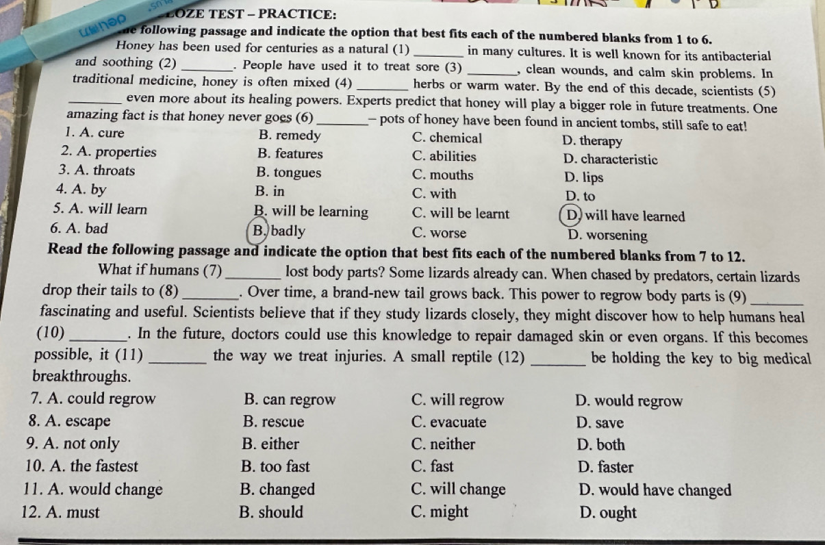Giải quyết:uenep ŁOZE TEST - PRACTICE: he following passage and ...