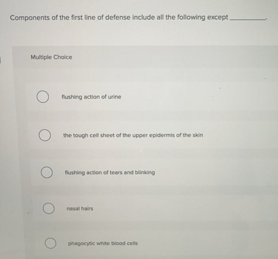 Solved: Components of the first line of defense include all the ...