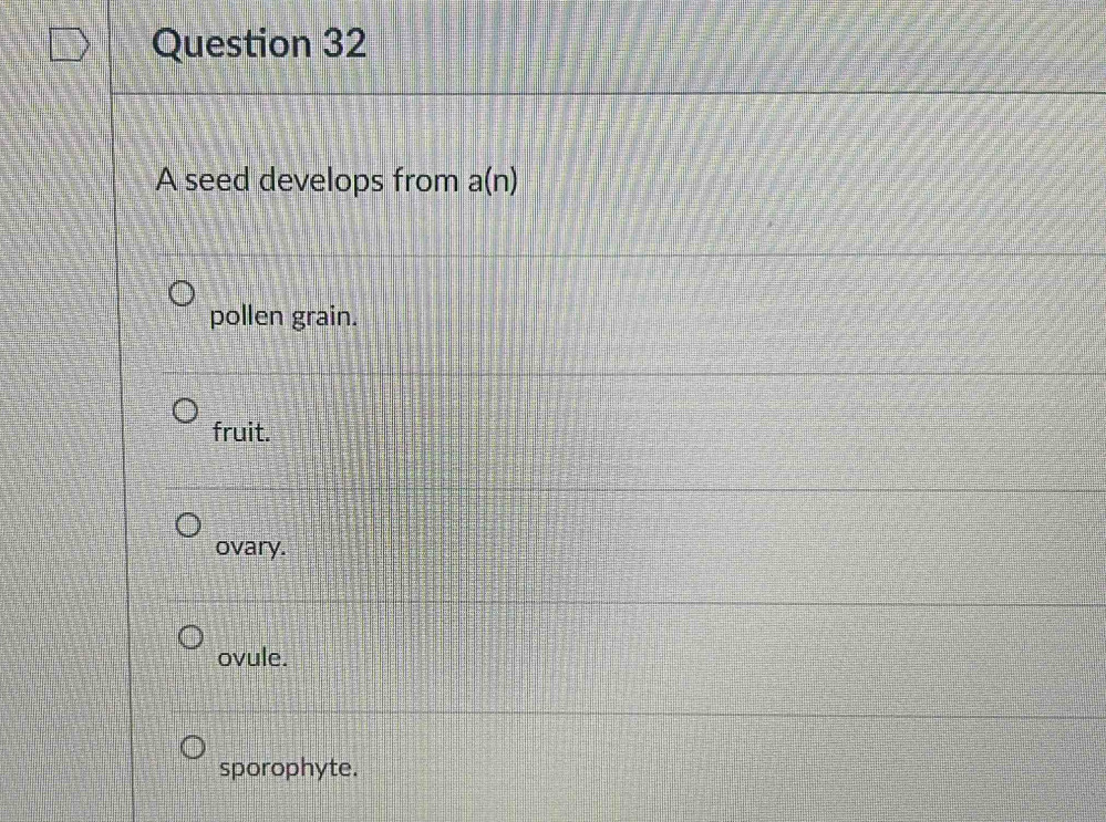 Solved: A seed develops from a(n) pollen grain. fruit. ovary. ovule ...