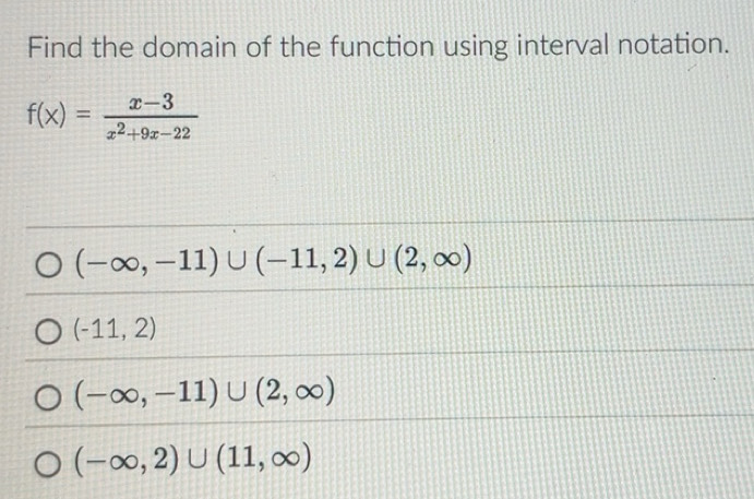 Solved: Find the domain of the function using interval notation. f(x ...