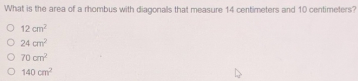 Solved: What is the area of a rhombus with diagonals that measure 14 ...