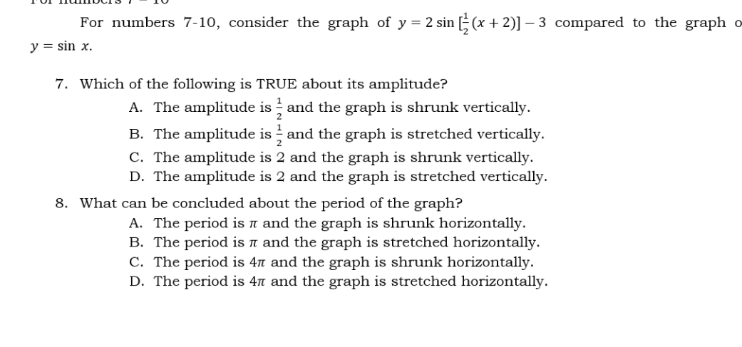 Solved: For numbers 7-10, consider the graph of y=2sin [ 1/2 (x+2)]-3 ...