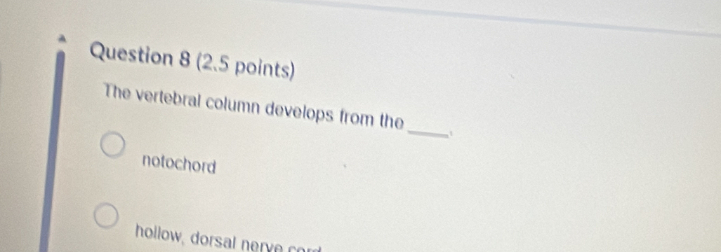Solved: The vertebral column develops from the notochord hollow, dorsal ...
