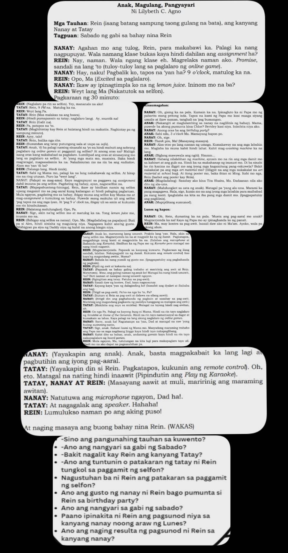 Solved: Anak, Magulang, Pangyayari Ni Lilybeth C. Agno Mga Tauhan: Rein (isang batang sampung ...