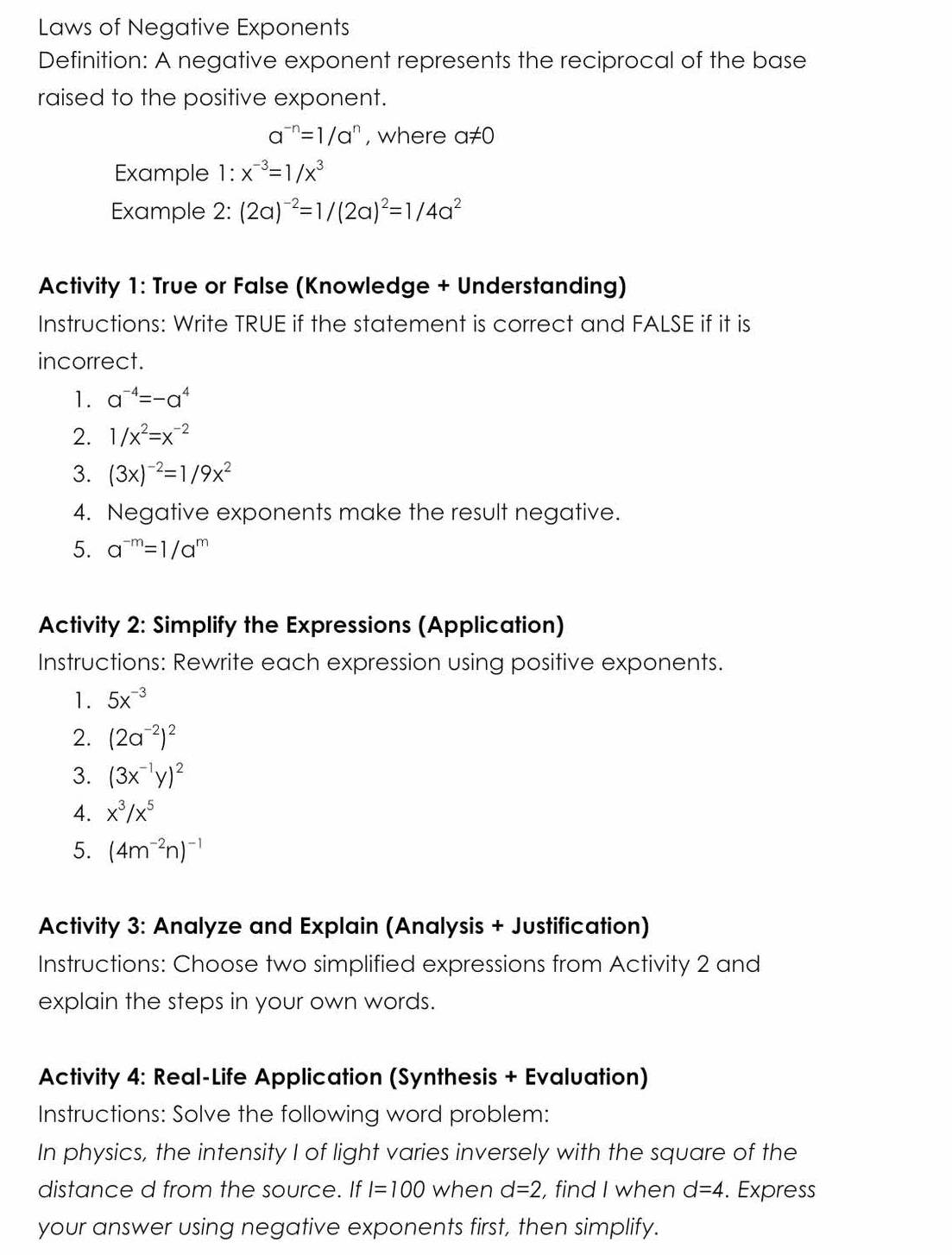 Solved: Laws of Negative Exponents Definition: A negative exponent ...