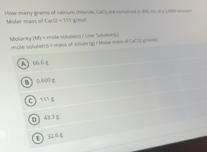 Solved: How many grams of calcium chloride, CaCl_2 are contained in 300 ...