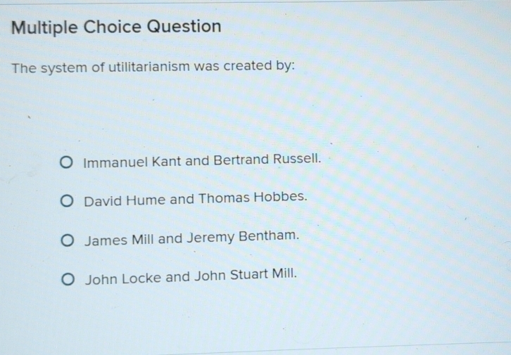 Solved: Question The system of utilitarianism was created by: Immanuel ...