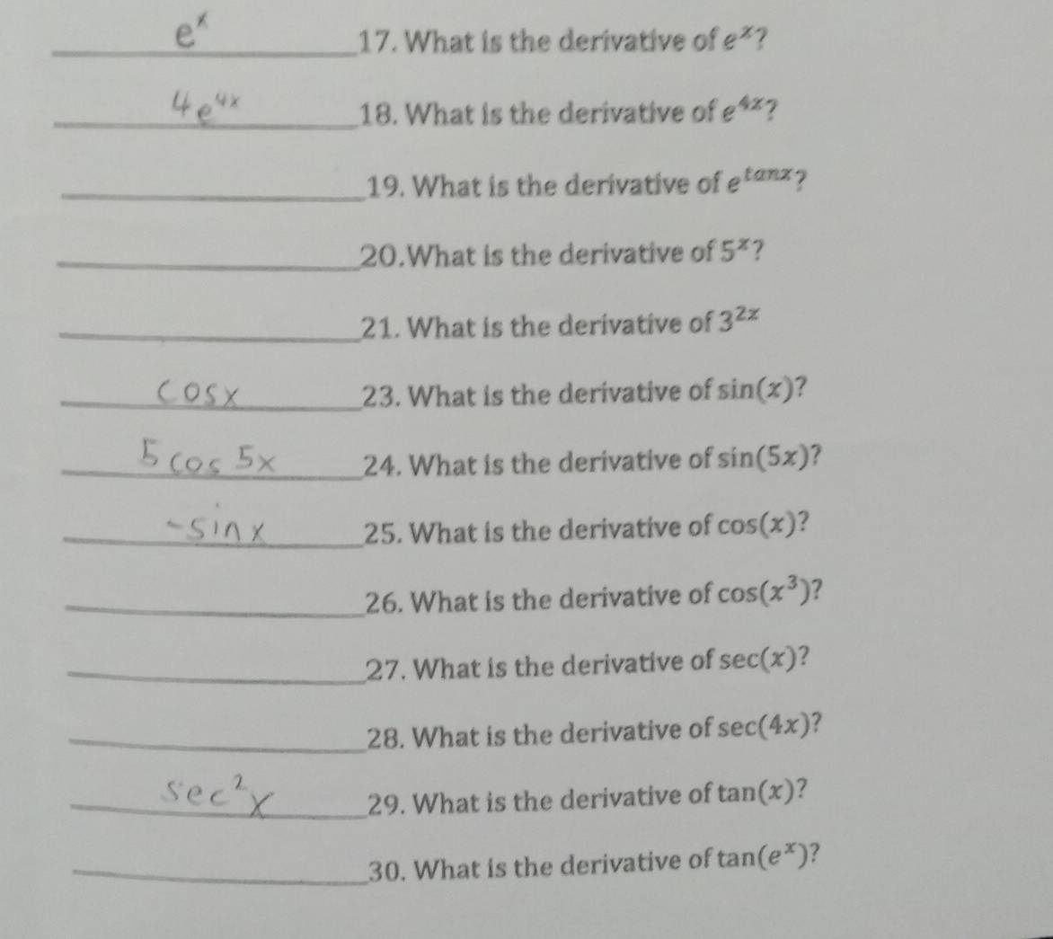 Solved: What is the derivative of e^x _18. What is the derivative of e ...