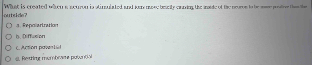 Solved: What is created when a neuron is stimulated and ions move ...