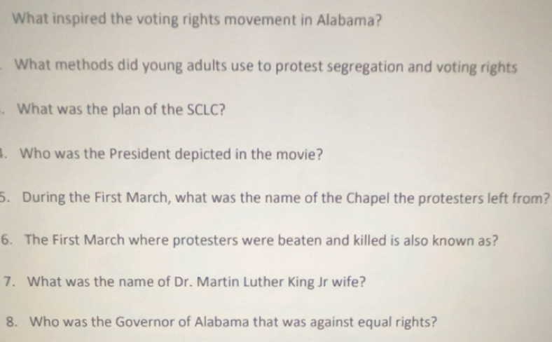 Solved: What inspired the voting rights movement in Alabama? . What ...