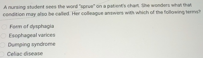 Solved: A nursing student sees the word “sprue” on a patient’s chart ...