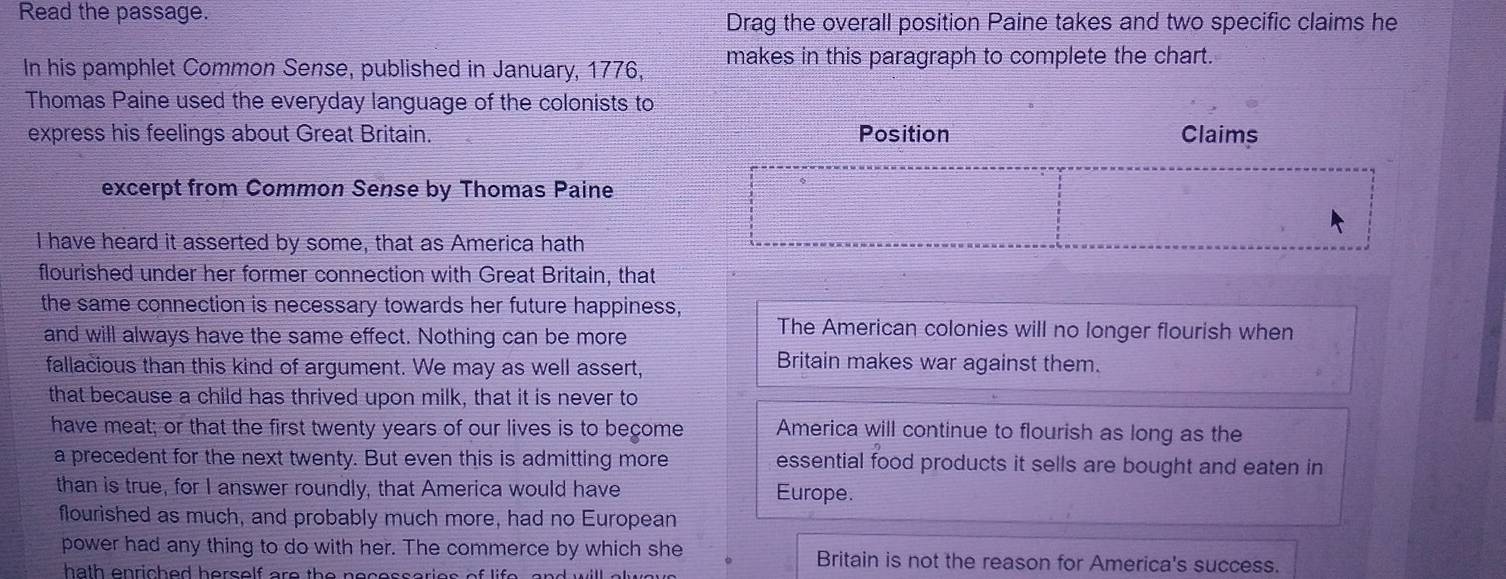 Solved: Read the passage. Drag the overall position Paine takes and two ...