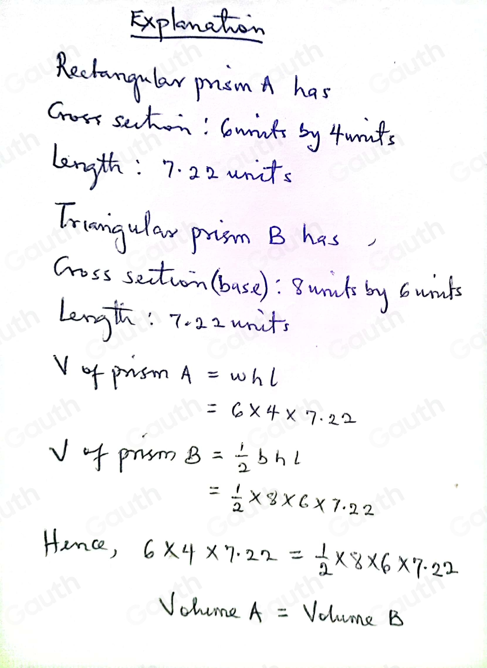 Solved: The cross section of rectangular prism A measures 6 units by 4 ...