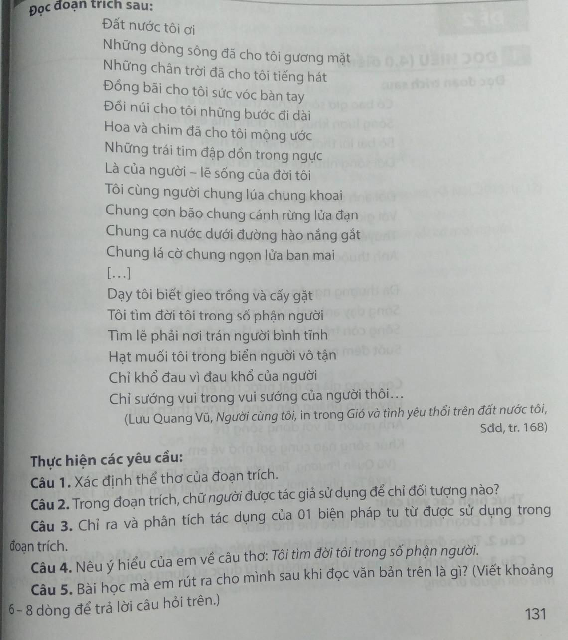 Giải quyết:Đọc đoạn trích sau: Đất nước tôi ơi Những dòng sông đã cho ...