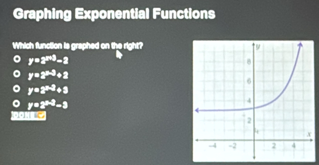 Solved: Graphing Exponential Functions Which function is graphed on the right? y=2^(x+3)-2 y=2 ...