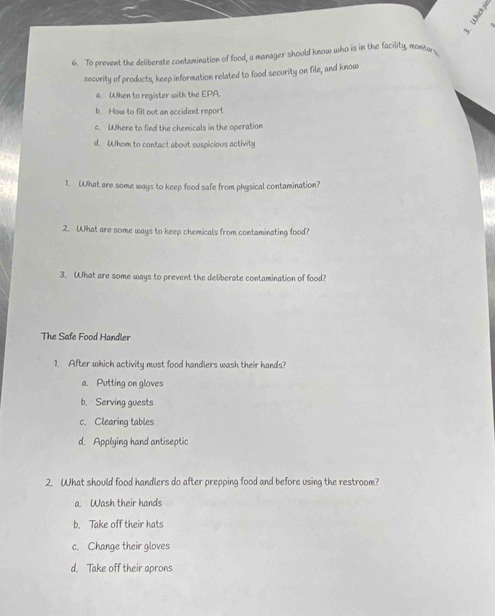 Solved: 1 6. To prevent the deliberate contamination of food, a manager ...