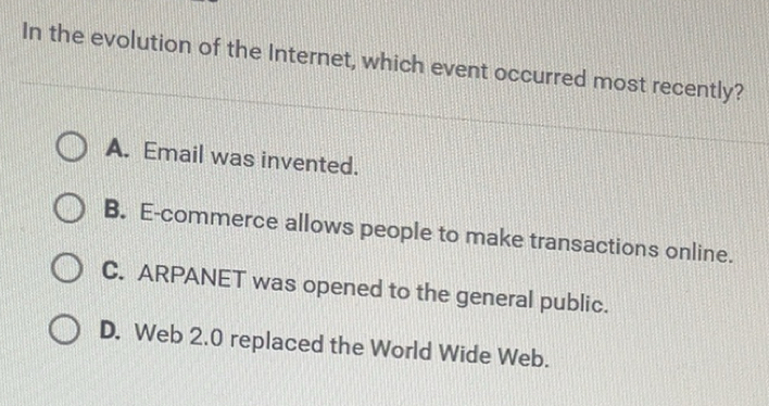 Solved: In the evolution of the Internet, which event occurred most ...