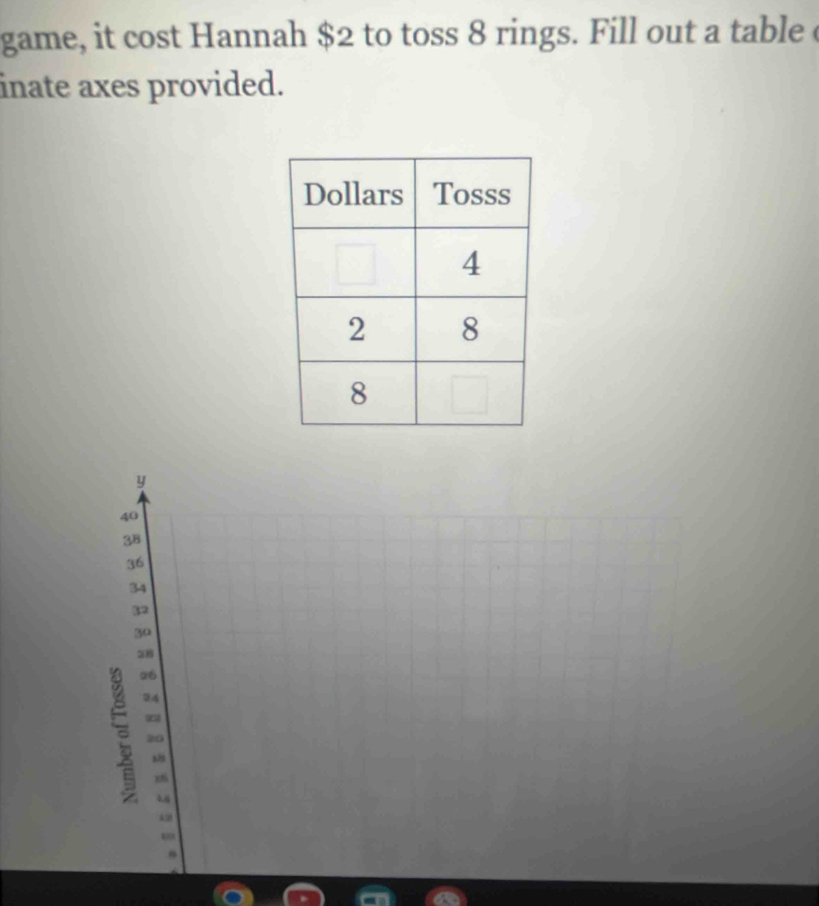 Solved: game, it cost Hannah $2 to toss 8 rings. Fill out a table ...