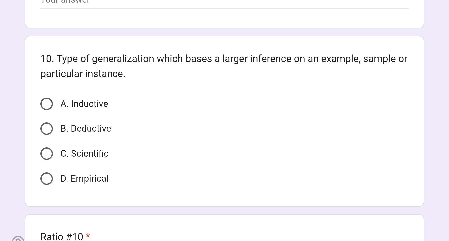 Solved: Type of generalization which bases a larger inference on an example, sample or ...
