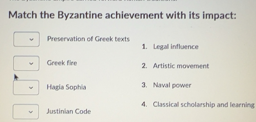 Solved: Match the Byzantine achievement with its impact: Preservation ...