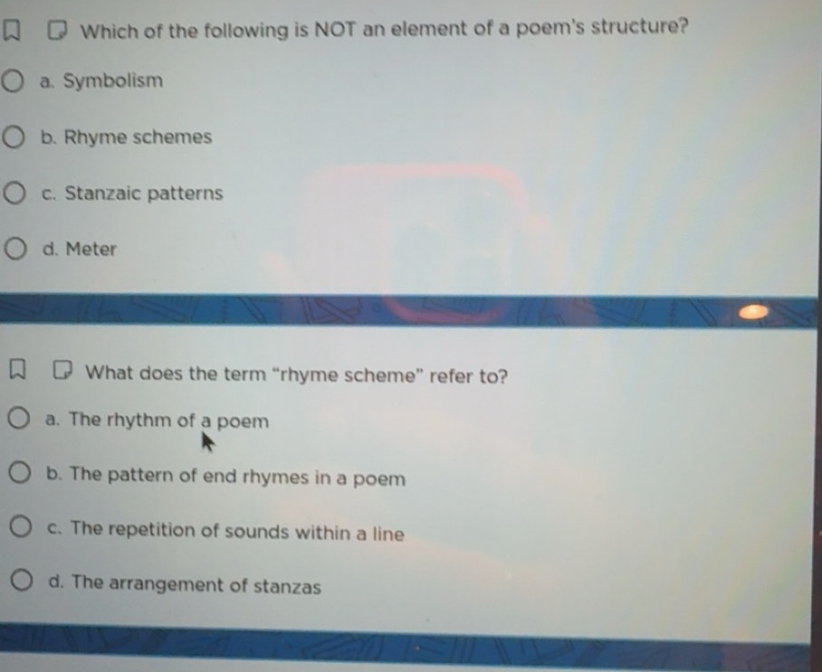Solved: Which of the following is NOT an element of a poem's structure ...