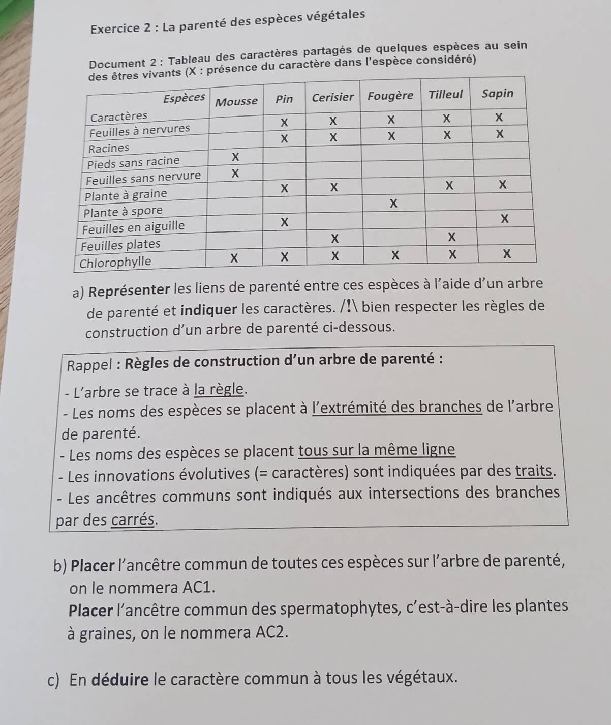 Résolu :La parenté des espèces végétales Document 2 : Tableau des ...