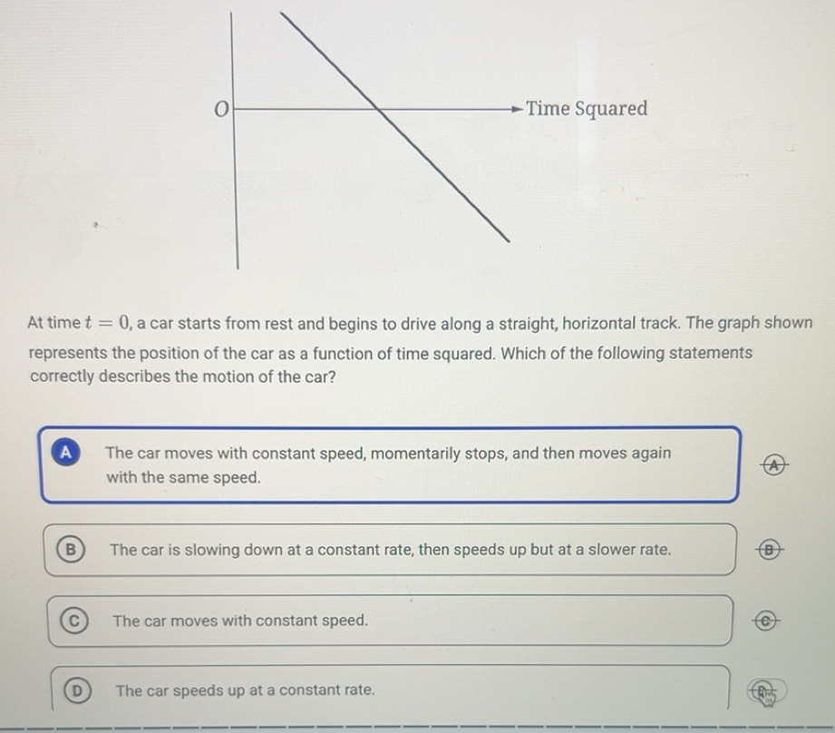 Solved: At time t=0 , a car starts from rest and begins to drive along ...