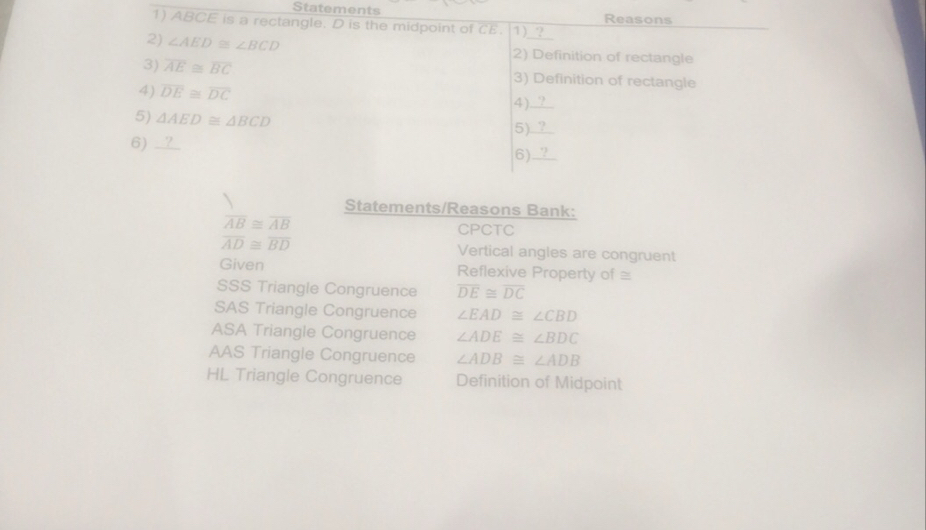 Solved: Statements 1) ABCE is a rectangle. D is the midpoint of CE. 1 ...