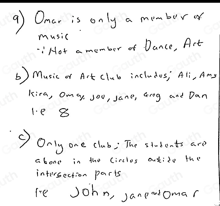 Solved: A Venn diagram shows the memberships for the Dance, Art, and ...
