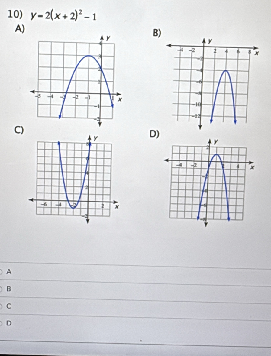 Gelöst:y=2(x+2)^2-1 A) B) C) D) A B C D