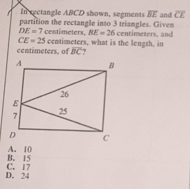 Solved: In rectangle ABCD shown, segments overline BE and overline CE ...