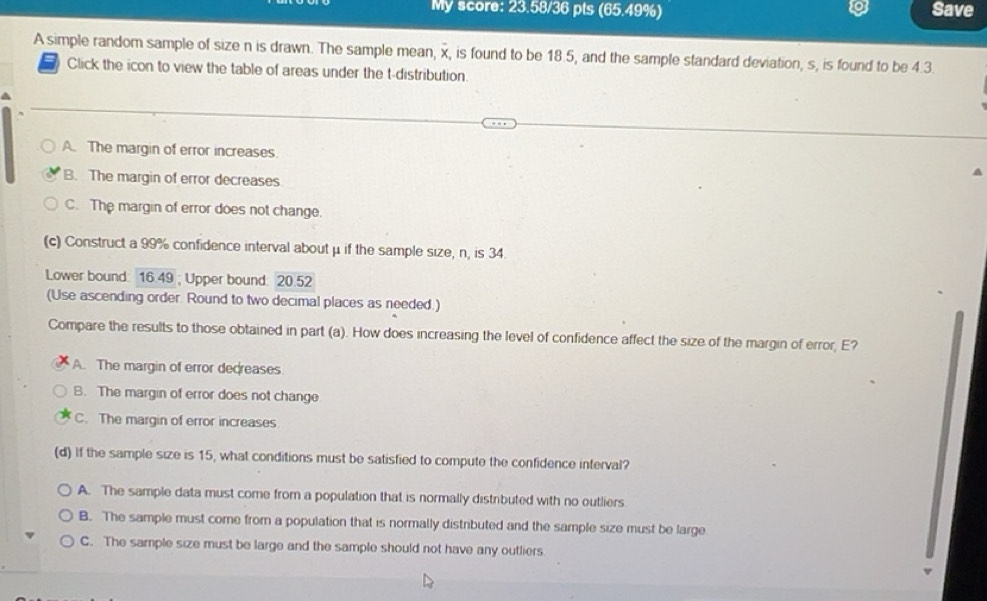 Solved: My score: 23.58/36 pts (65.49%) Save A simple random sample of ...