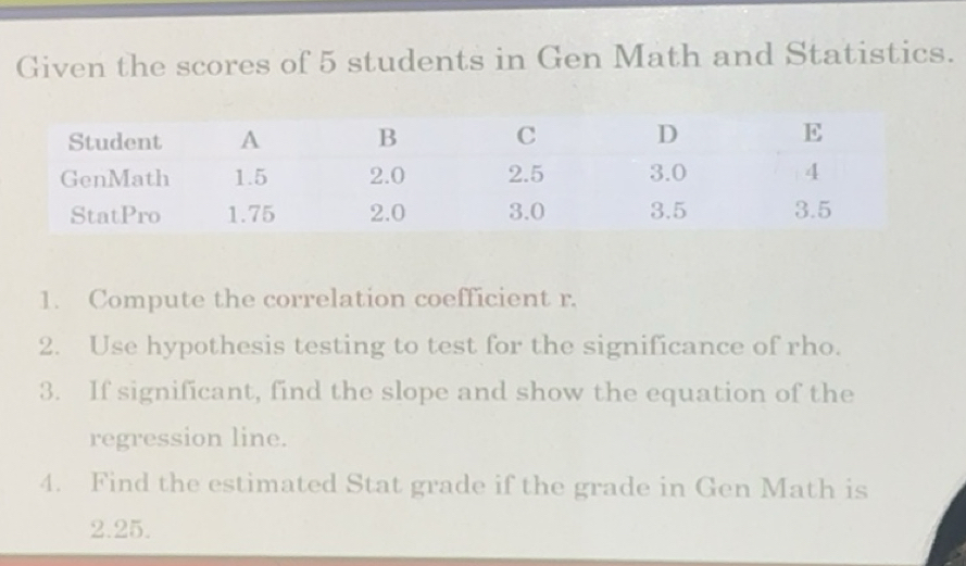 Solved: Given the scores of 5 students in Gen Math and Statistics. 1 ...