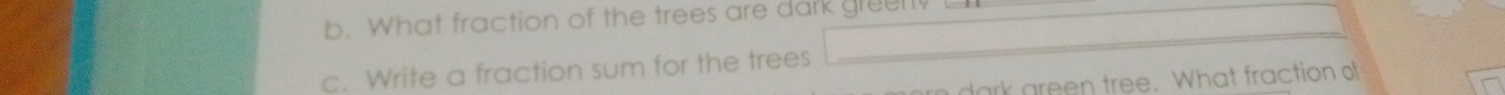 Solved: What fraction of the trees are dark greent! c. Write a fraction ...