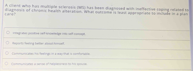 Solved: A client who has multiple sclerosis (MS) has been diagnosed with ineffective coping ...