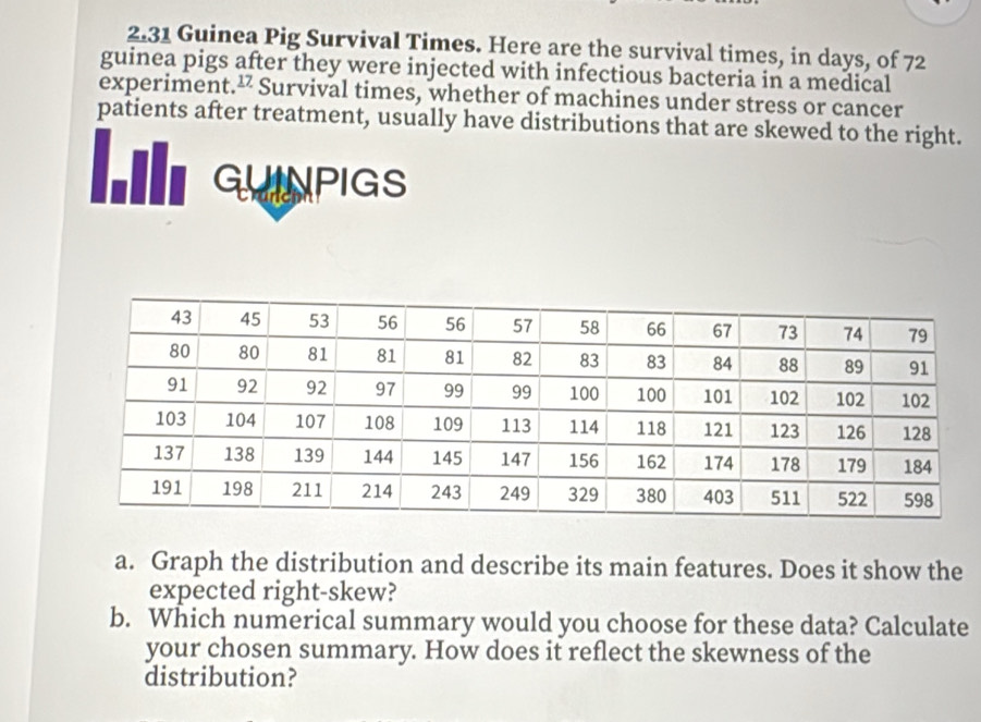 Solved: 2.31 Guinea Pig Survival Times. Here are the survival times, in ...